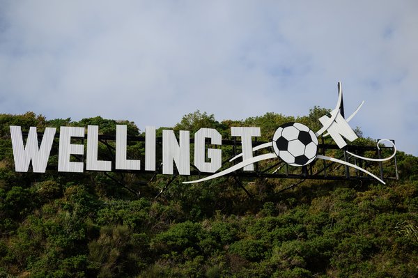Wellington Airport kicks giant football onto Wellington sign